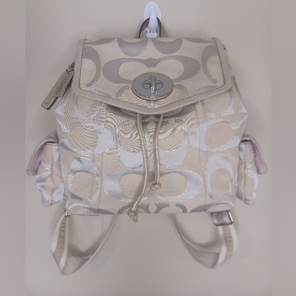 Coach | Bags | Coach Canvas Cream And Silver Colored Backpack | Poshmark